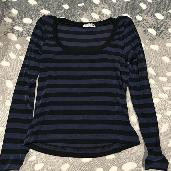 Tops | Bcbg Paris Blue And Black Striped Long Sleeve | Poshmark